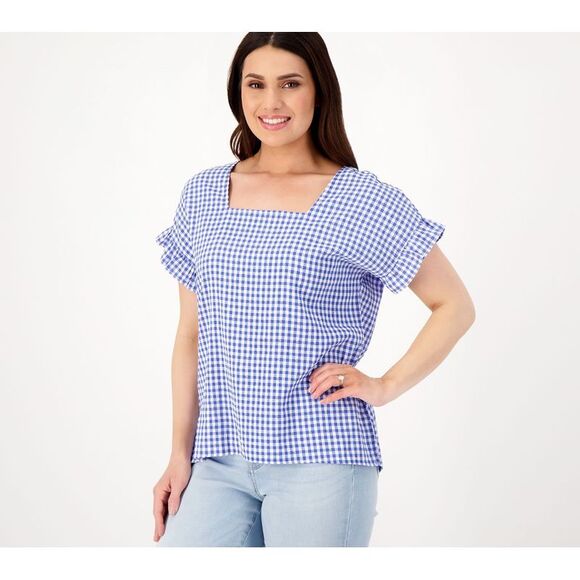 Girl With Curves | Tops | Girl With Curves Gingham Flutter Sleeve Blouse Womens Top Sz S Blue ...